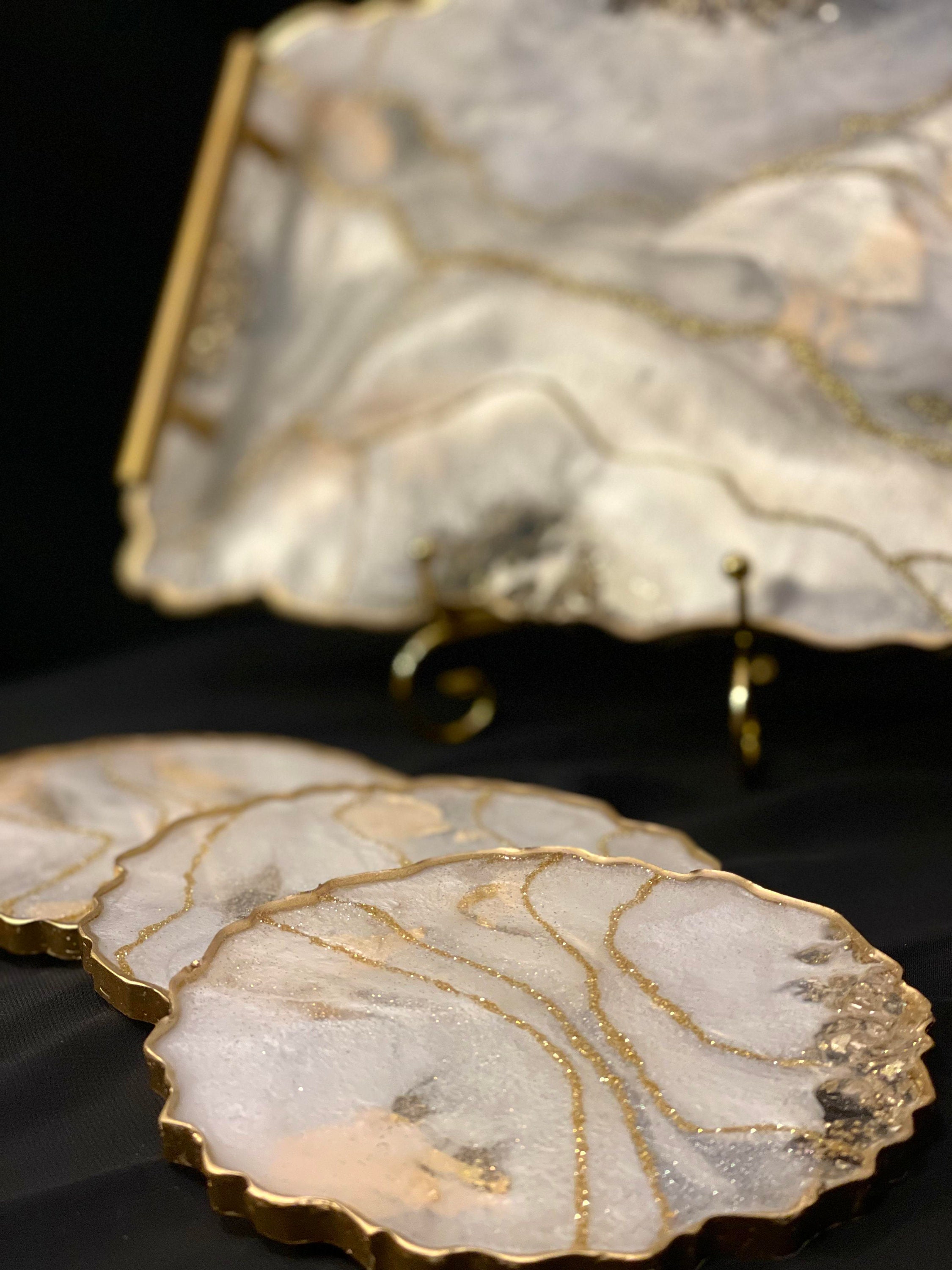 Celestial (white and Gold Epoxy Resin Drink/serving Tray W/ Clear ...
