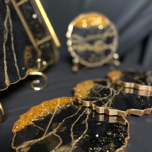 Premier (black and Gold Epoxy Resin Drink/serving Tray and Coaster Set ...