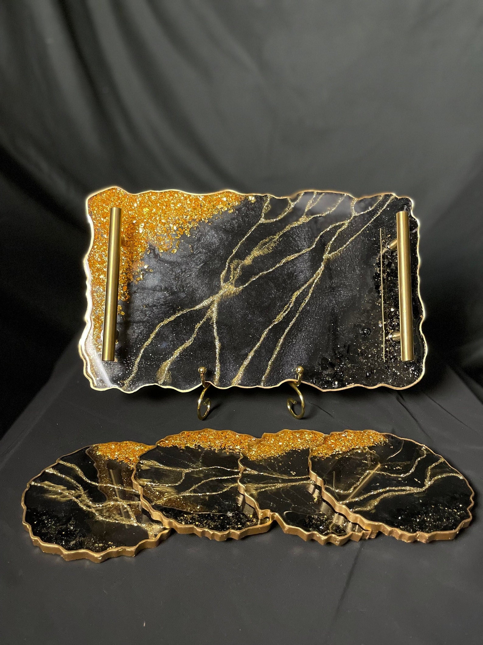 Premier (black and Gold Epoxy Resin Drink/serving Tray and Coaster Set ...
