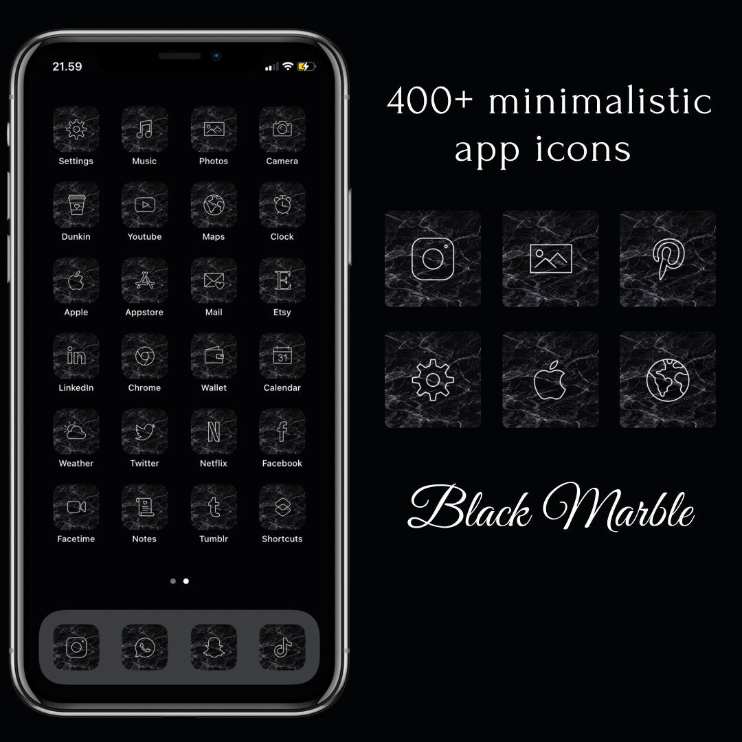 Más de 400 black marble Minimalistic App Icon Pack / iOS 14 / Black ...