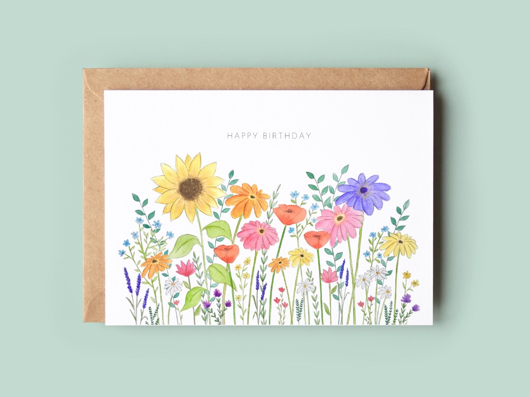 Happy Birthday Card Watercolour Flowers Wildflower Garden Birthday Card Multipack Pack of 4 Pack ...