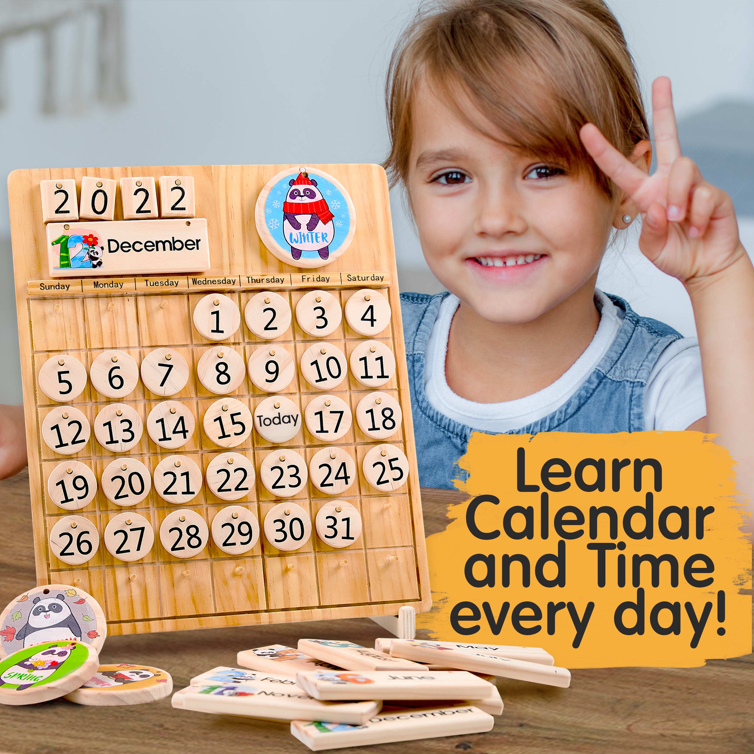 Wooden Perpetual Calendar - Montessori Toys for Kids Learning Seasons ...
