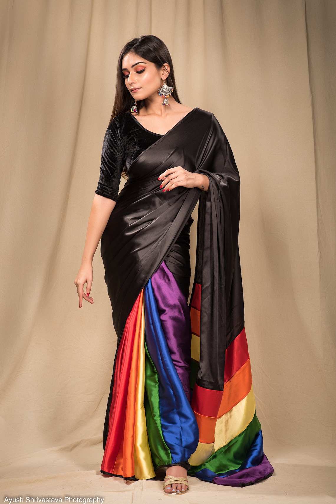 Buy Midnight Rainbow Satin Saree for Women, Satin Saree, Saree for ...