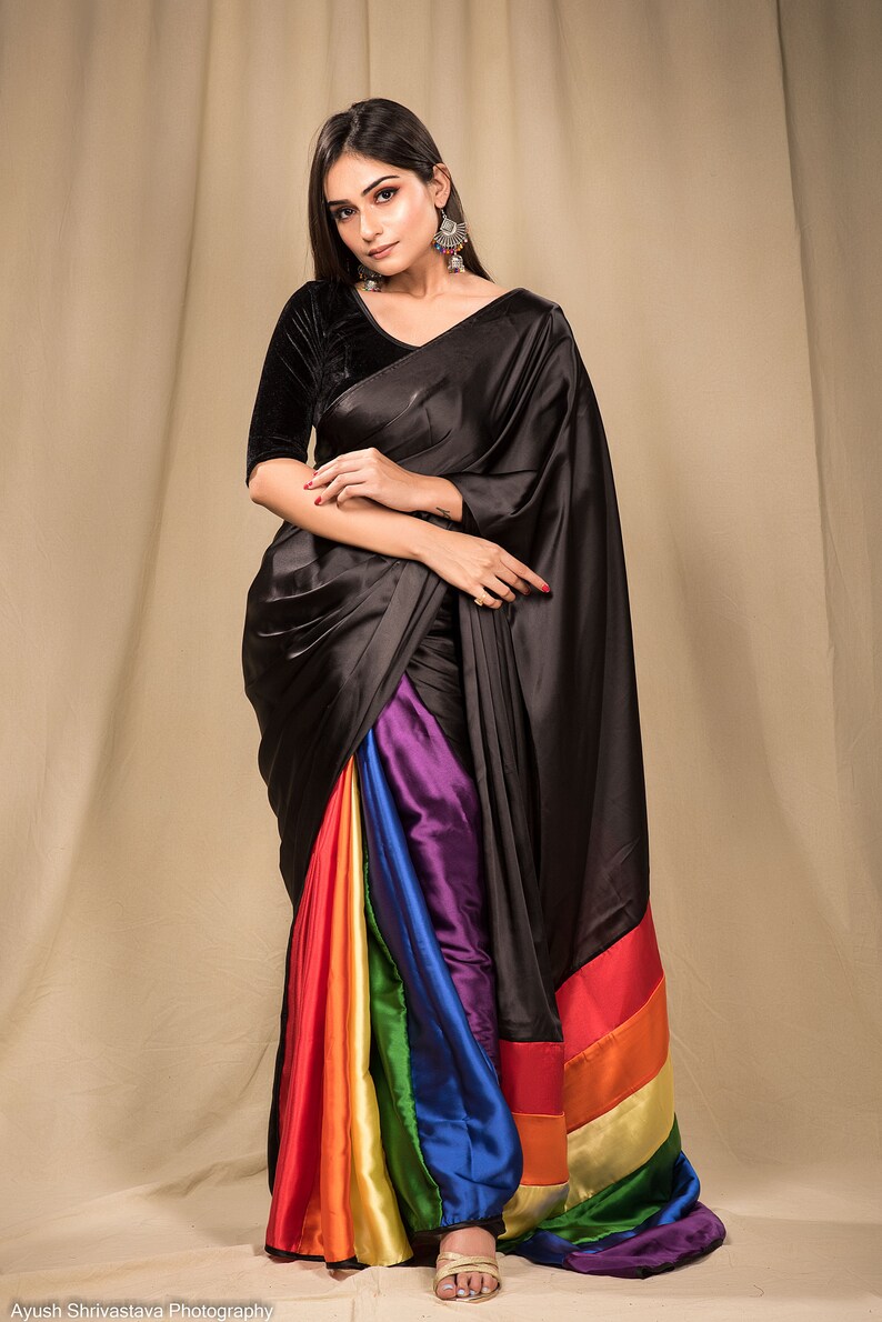 Buy Midnight Rainbow Satin Saree for Women, Satin Saree, Saree for ...