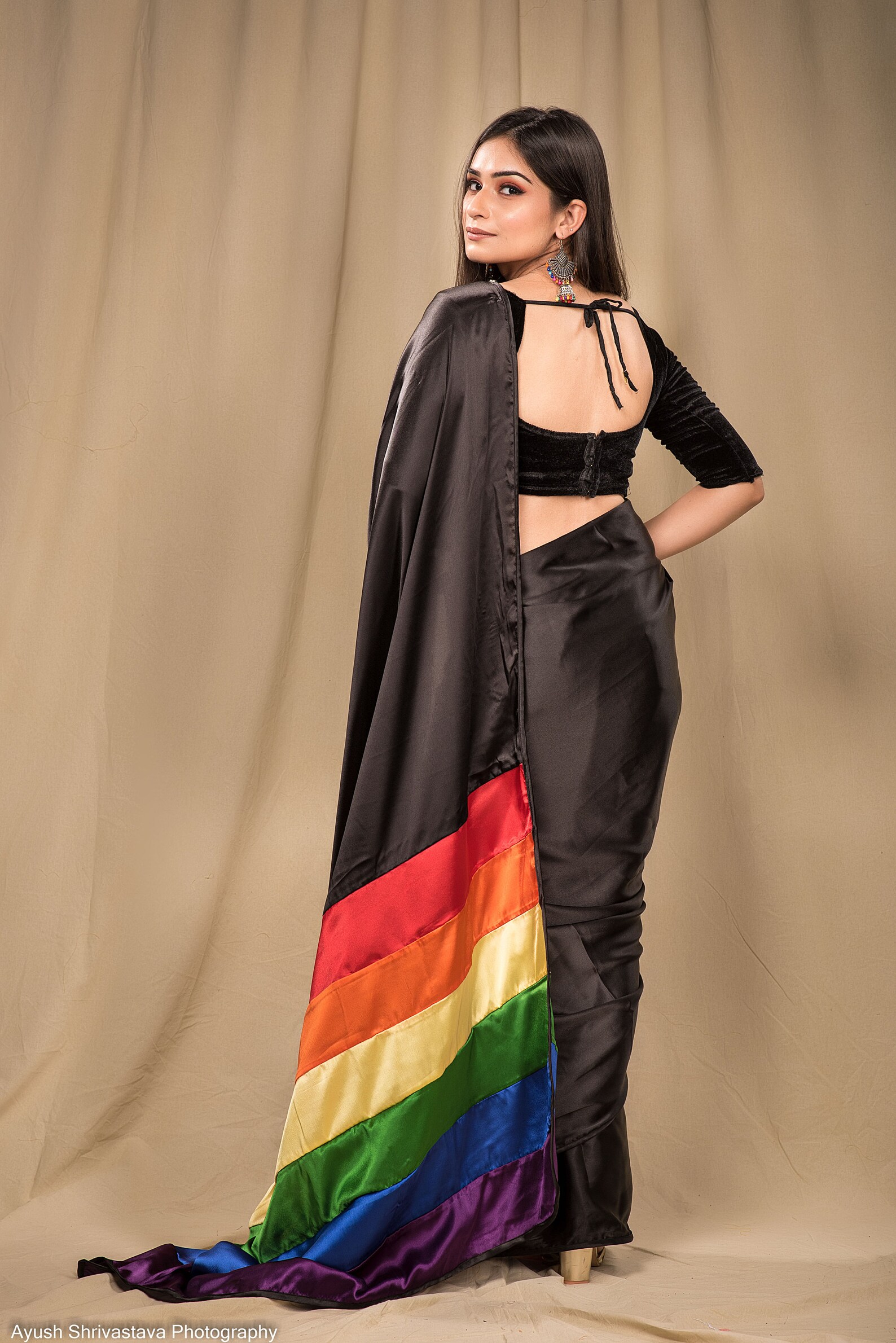 Buy Midnight Rainbow Satin Saree for Women, Satin Saree, Saree for ...