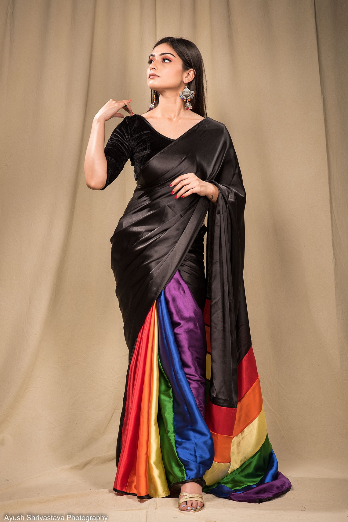 Midnight Rainbow Satin Saree for Women, Satin Saree, Saree for Women ...