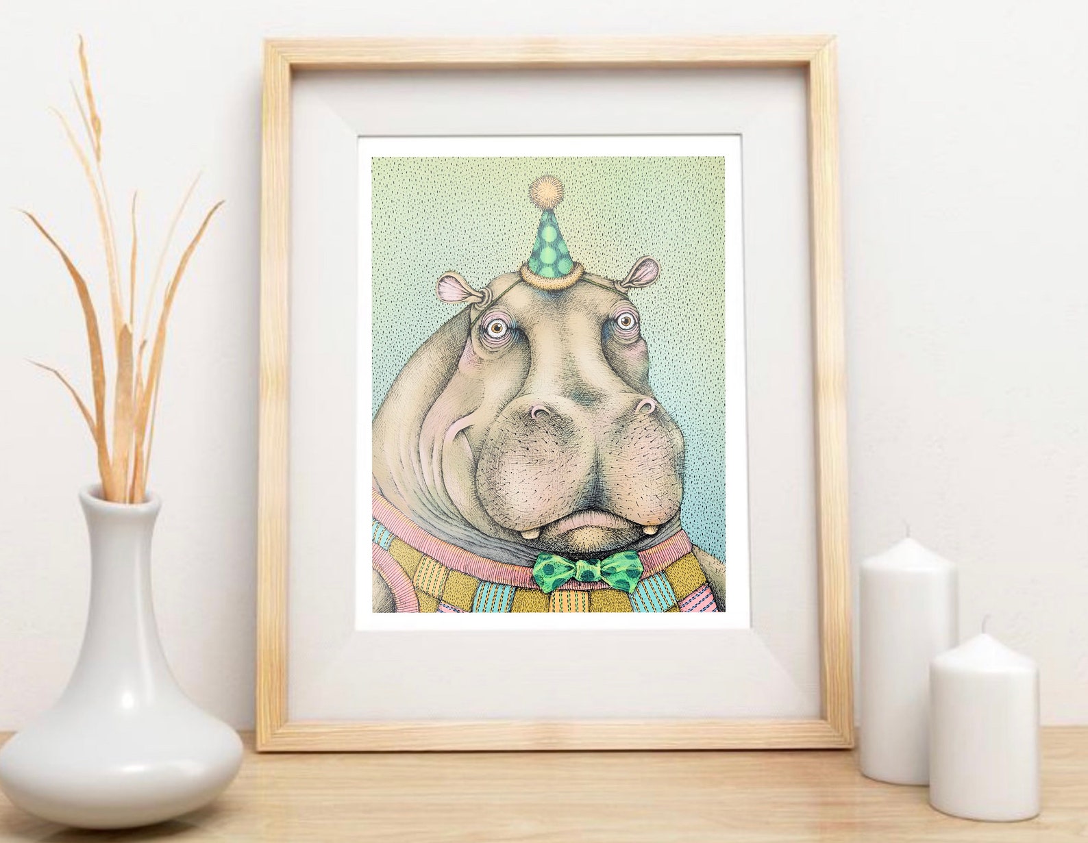 The Hippo (color). Fine Art Matte Print of Original Pen and Ink ...