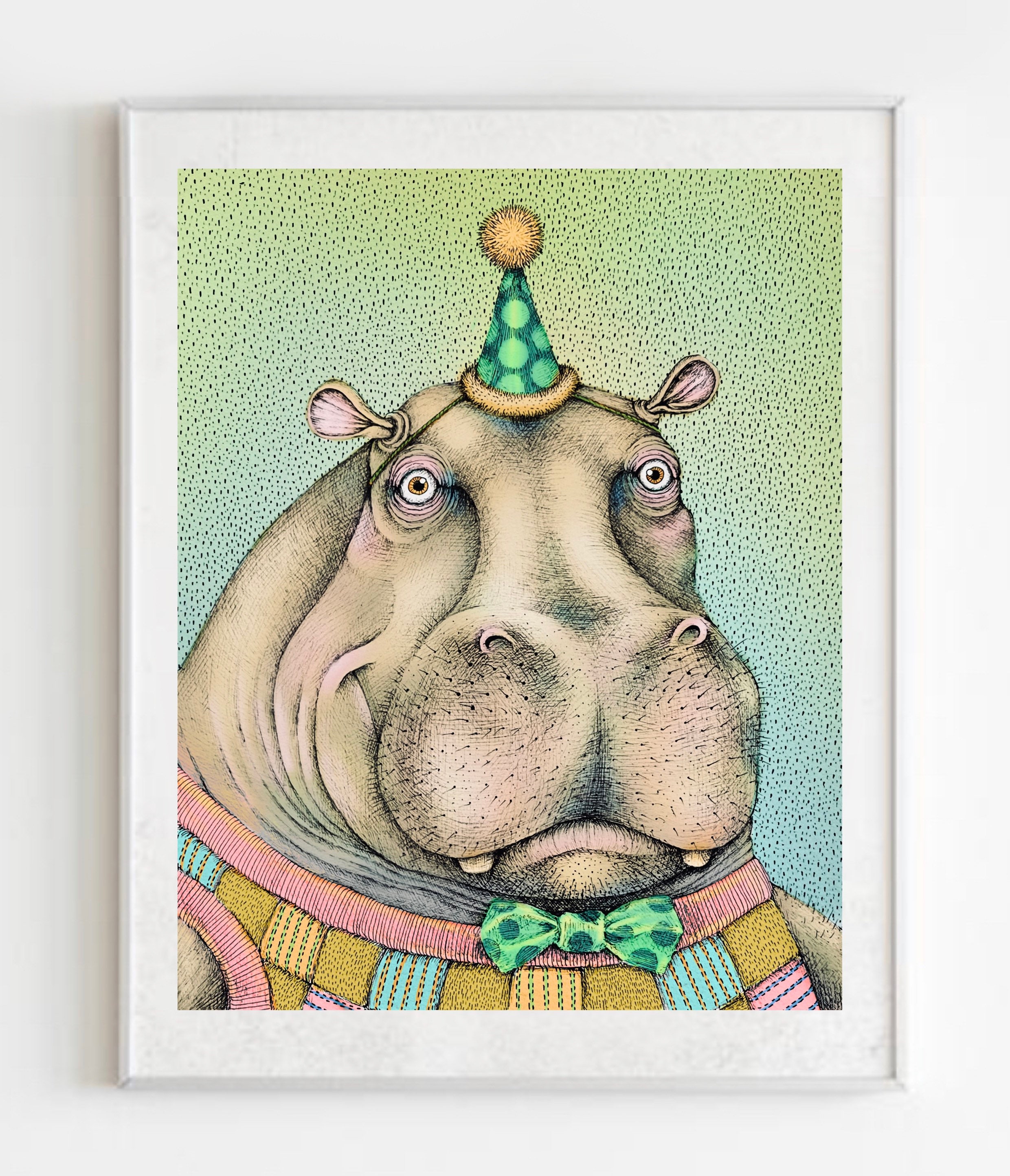 The Hippo (color). Fine Art Matte Print of Original Pen and Ink ...