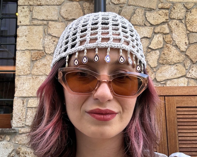Vintage Skull Cap Evil Eye Beaded, Breathable Summer Crochet Hat ...