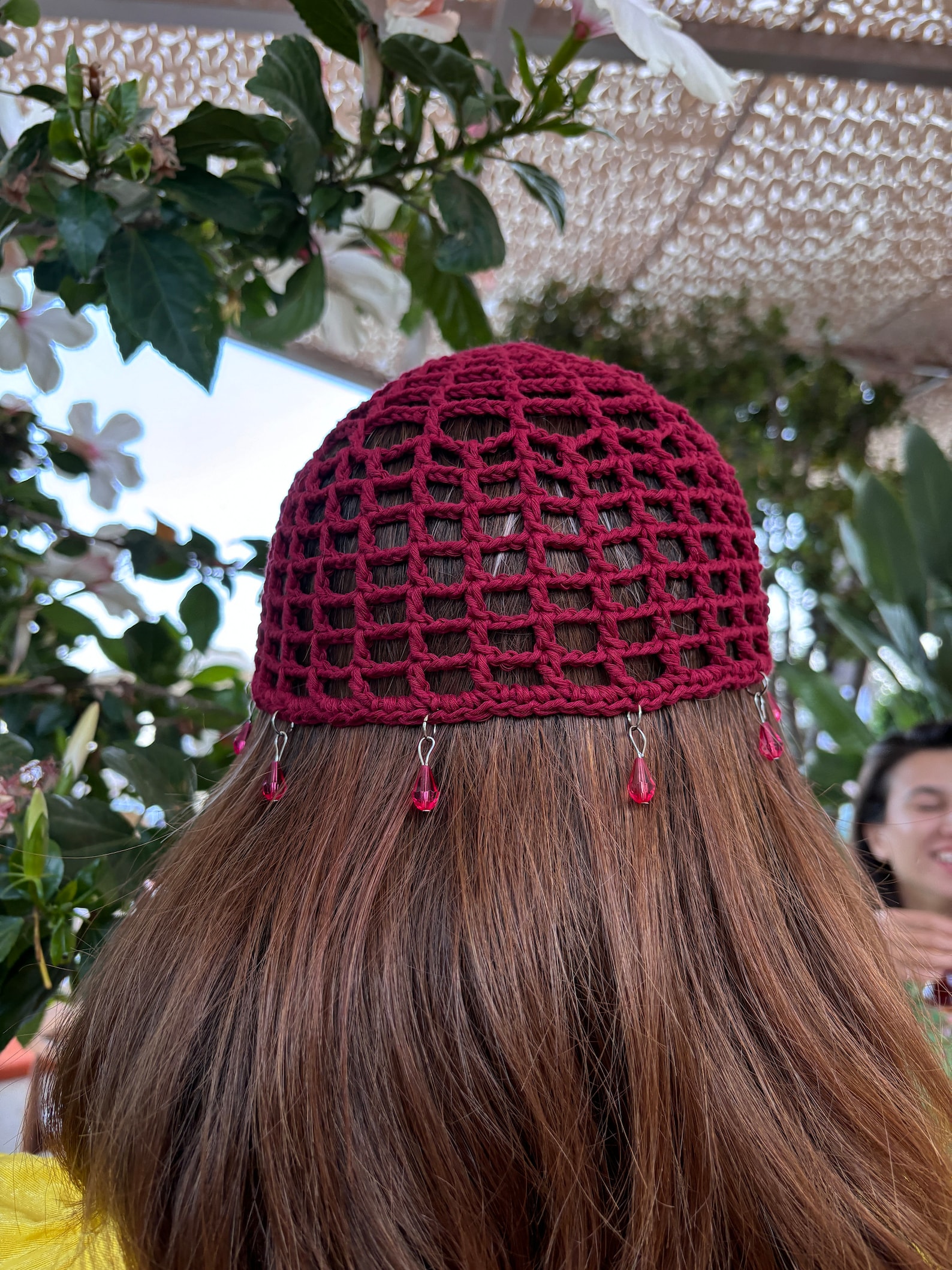 Burgundy Handmade Crochet Skull Cap Beanie, Stretchy Net Hat With ...