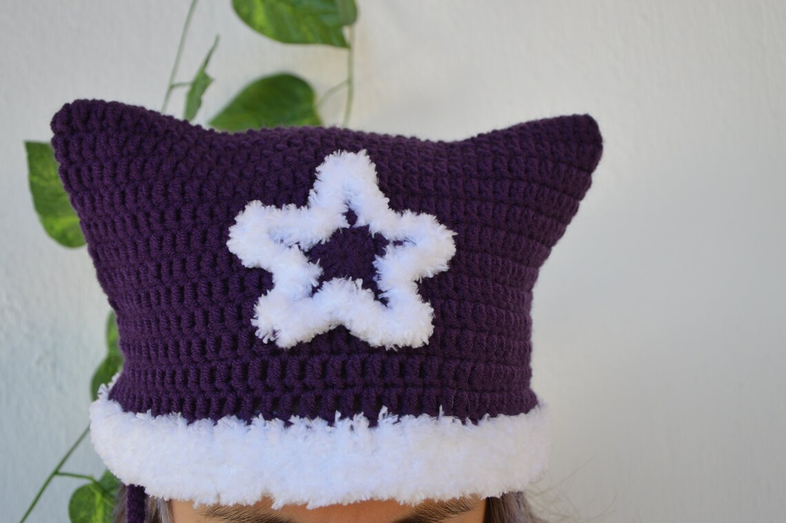 Star Hat With Ears, Black Beanie With String, Star Cat Beanie, Color ...