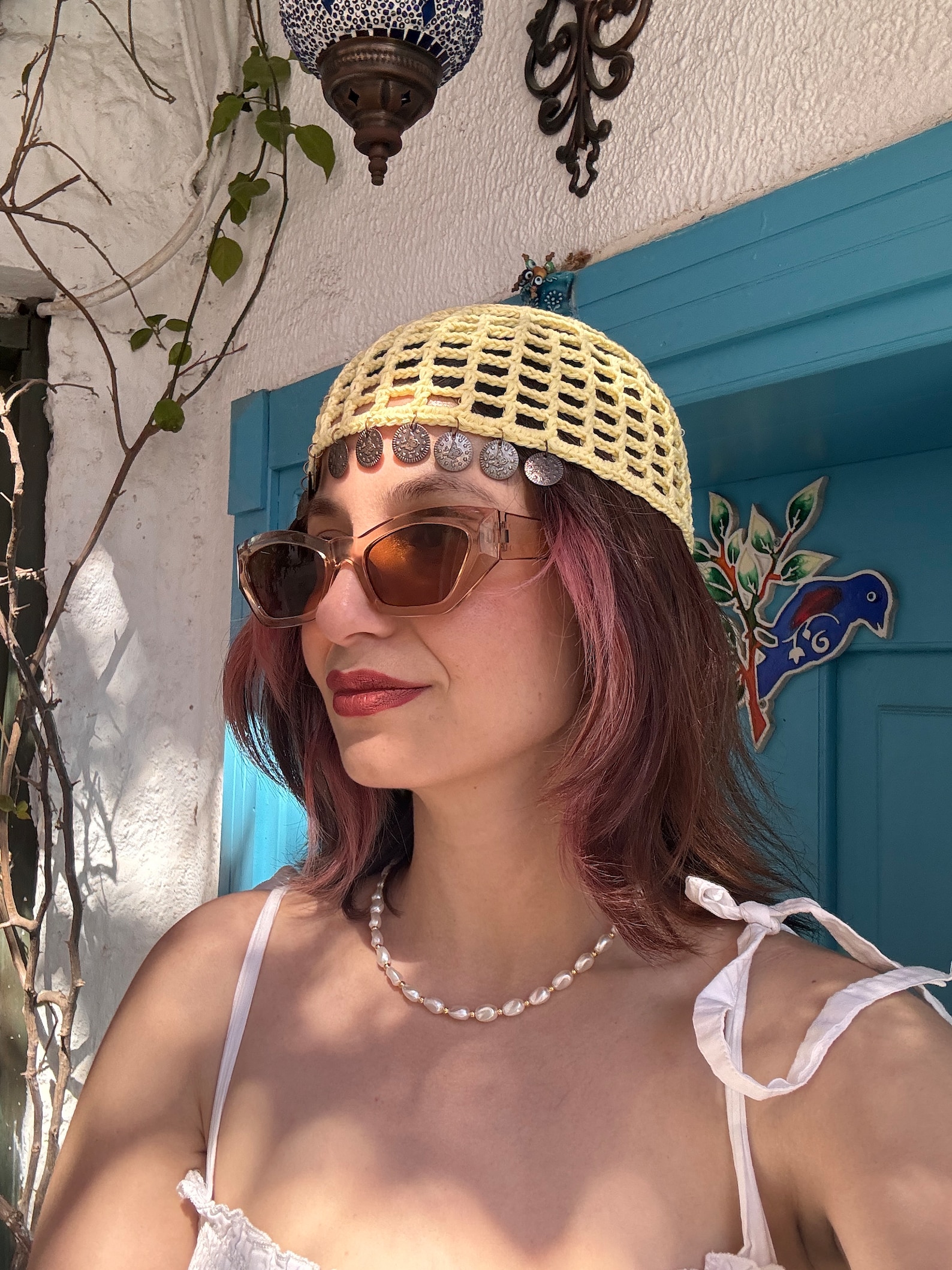 Skull Cap With Sequin, Summer Headpiece, Cotton Crochet Netted Beanie ...