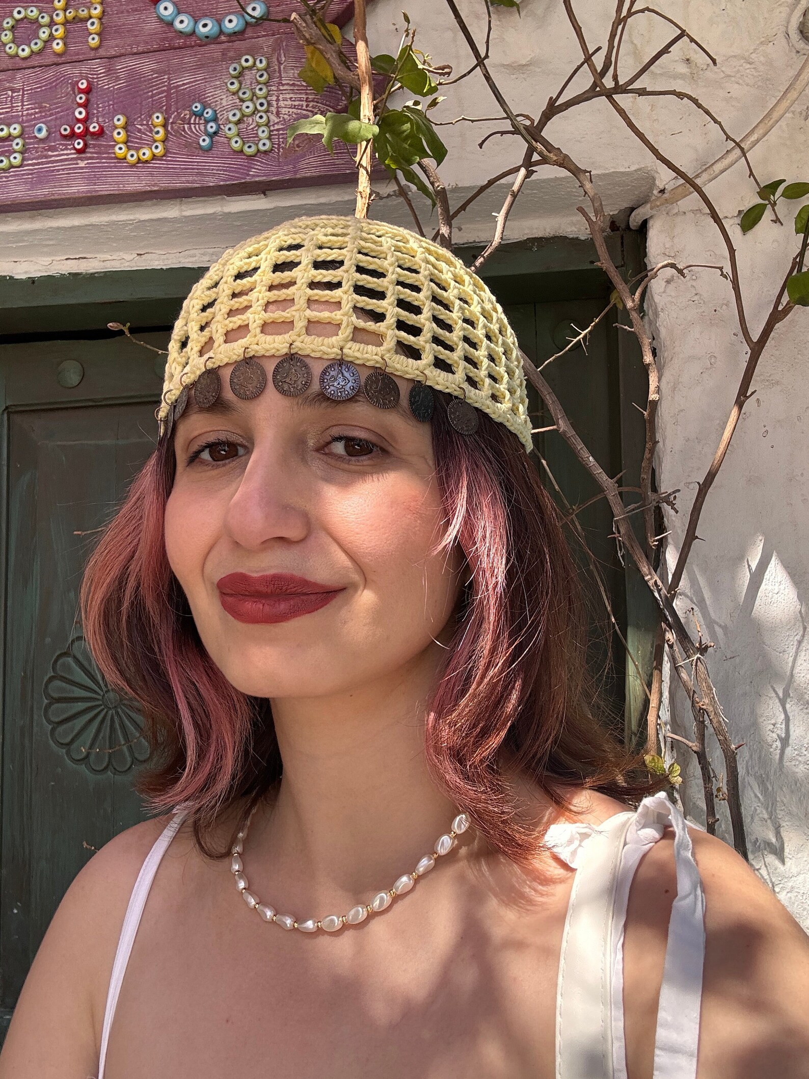 Skull Cap With Sequin, Summer Headpiece, Cotton Crochet Netted Beanie ...