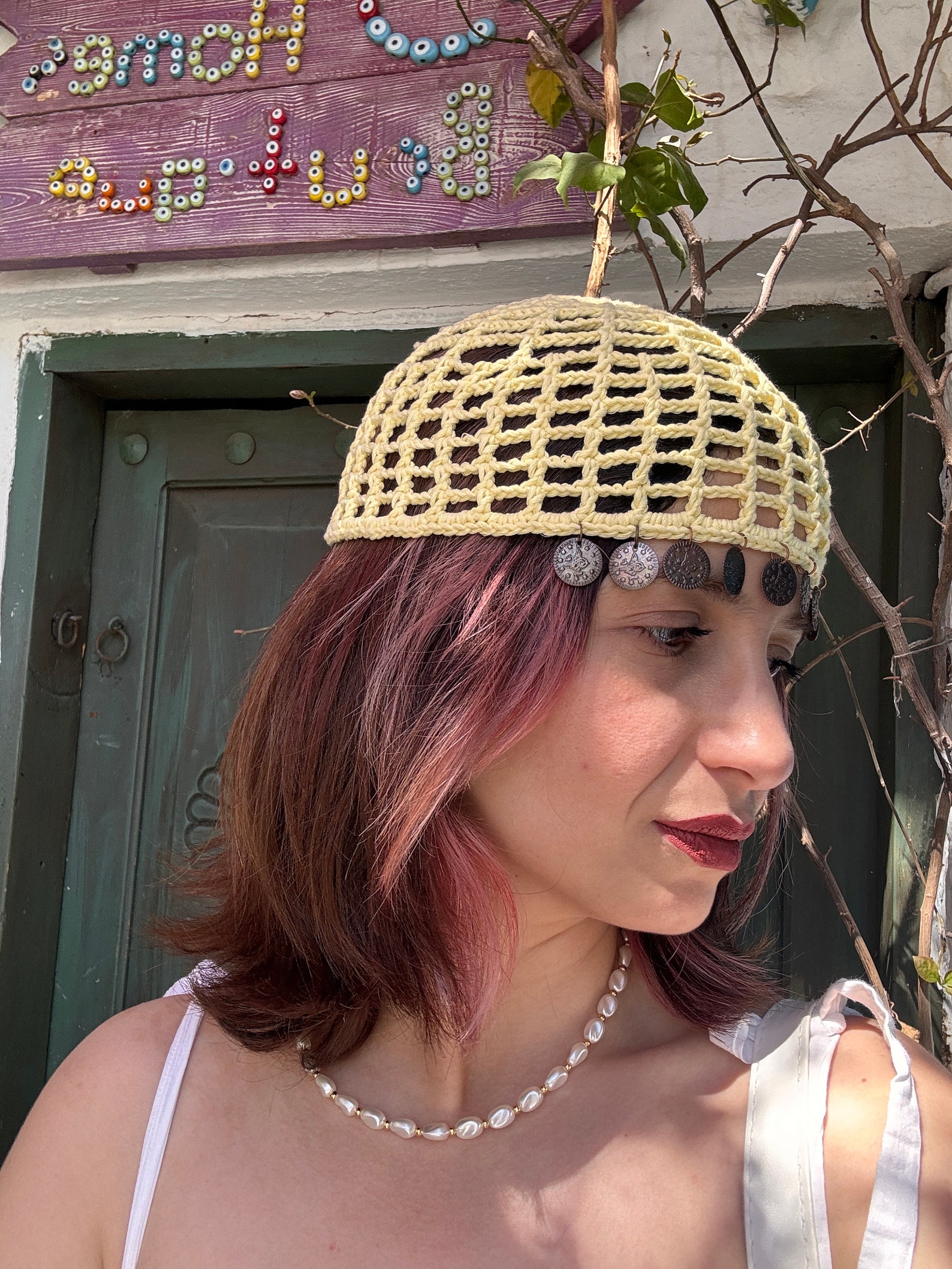 Skull Cap With Sequin, Summer Headpiece, Cotton Crochet Netted Beanie ...