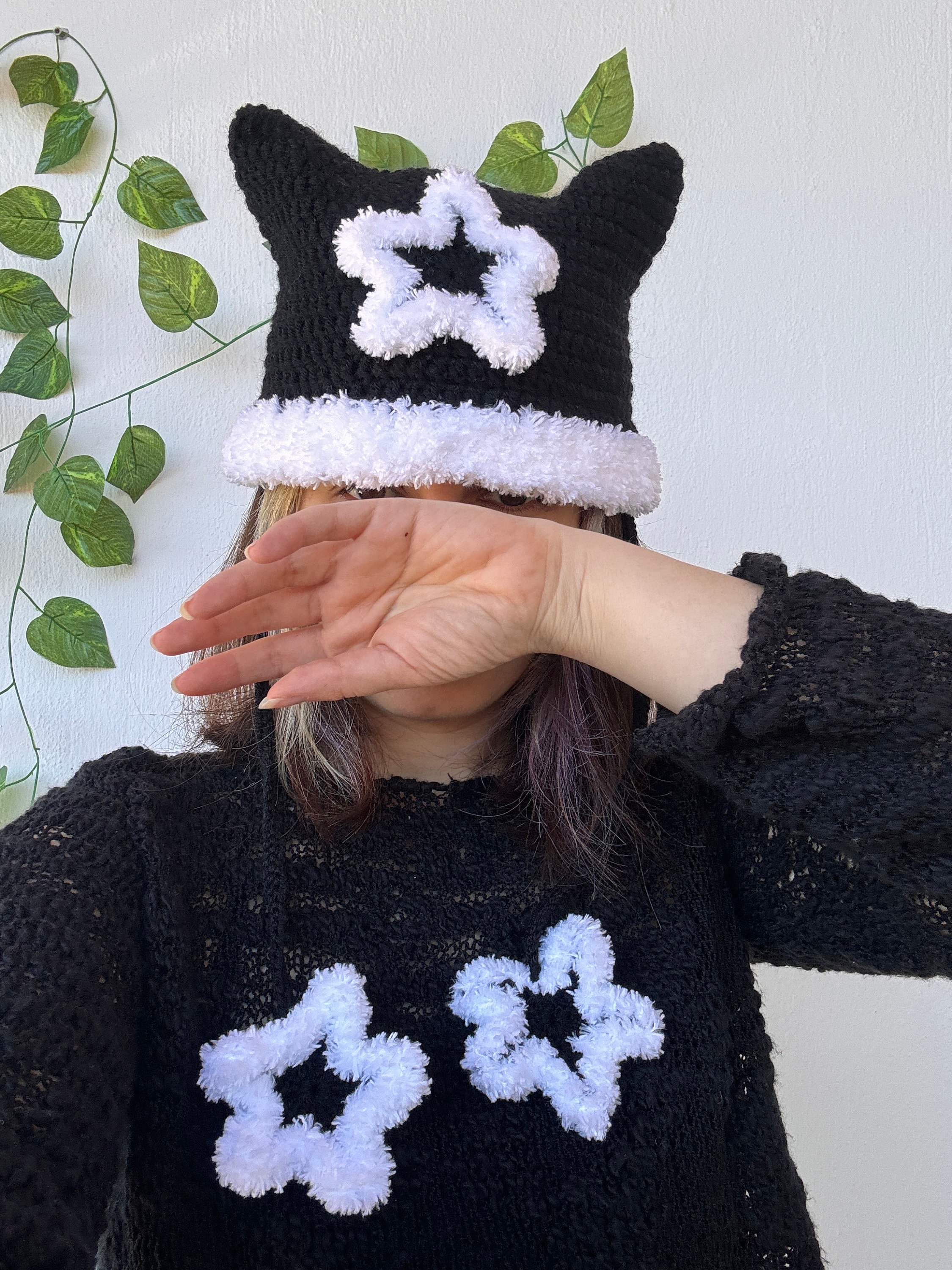 Star Hat With Ears, Black Beanie With String, Star Cat Beanie, Color ...