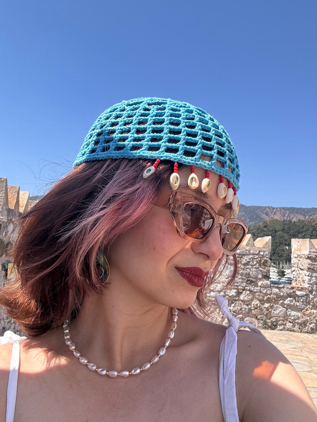 Crochet Skull Cap With Seashell, Blue Cotton Mesh Hat, Netted Mesh Lace ...