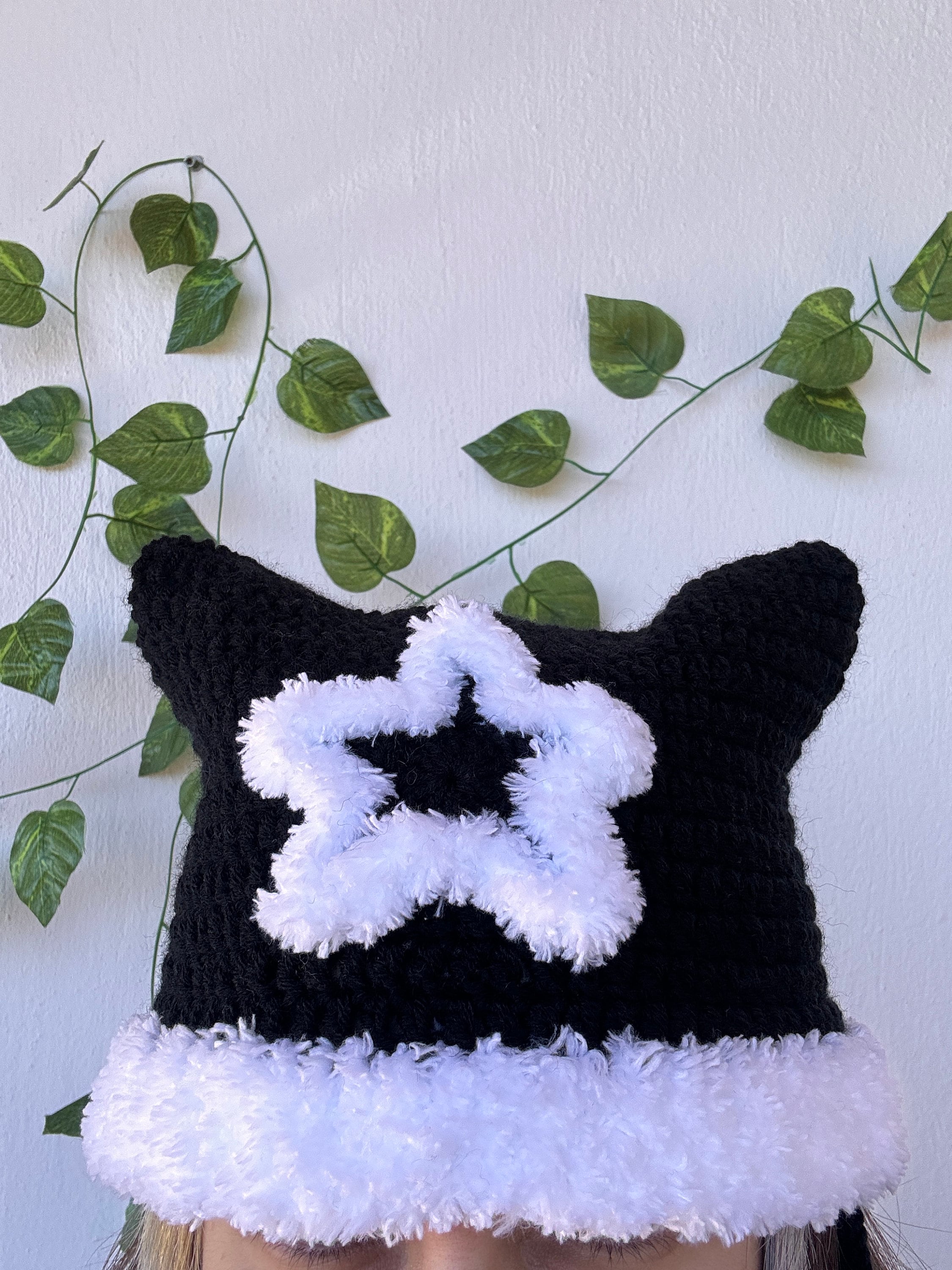 Star Hat With Ears, Black Beanie With String, Star Cat Beanie, Color ...