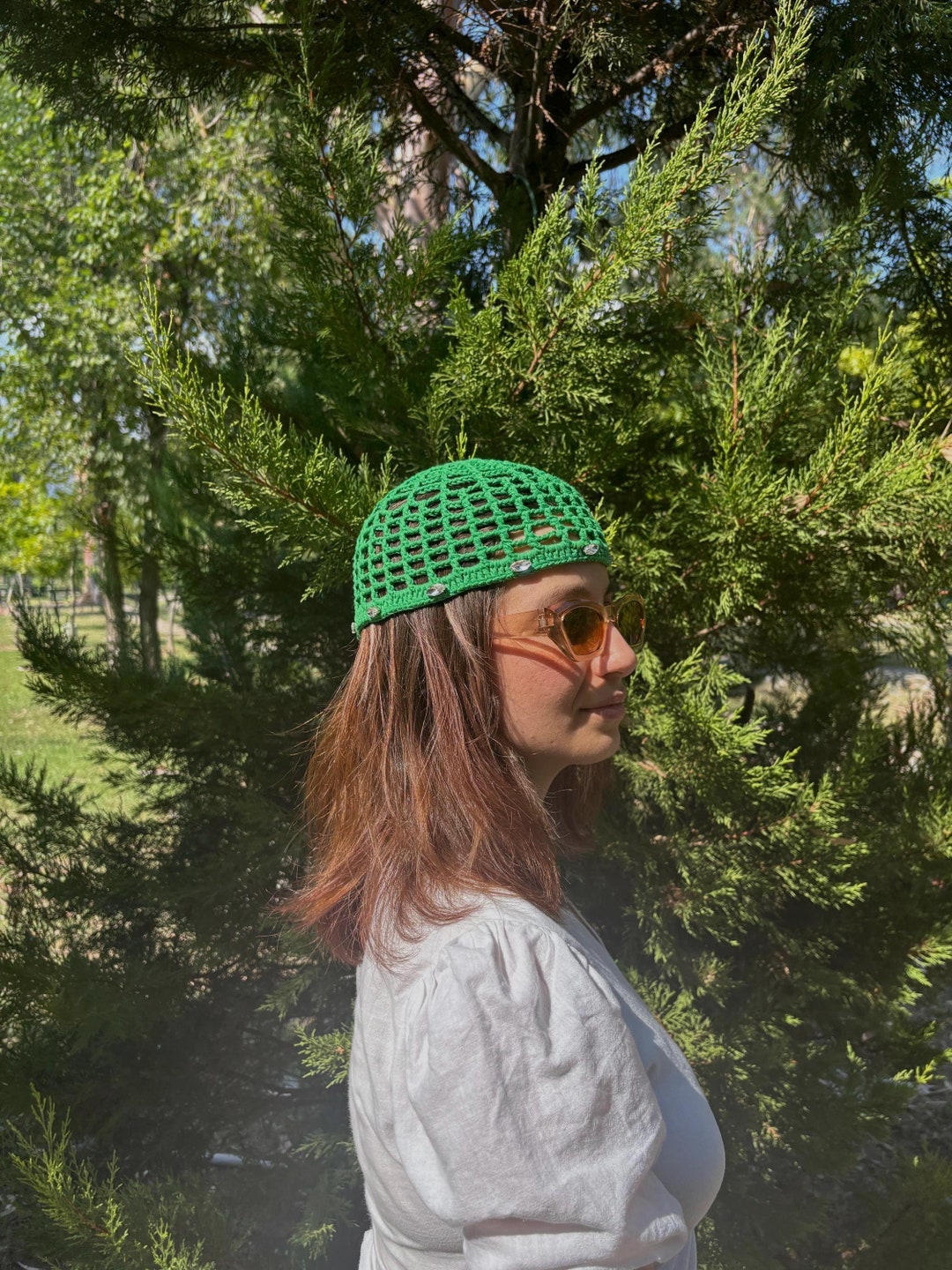 Green Shiny White Crystal Beaded Crochet Cotton Mesh Skull Cap Beanie ...