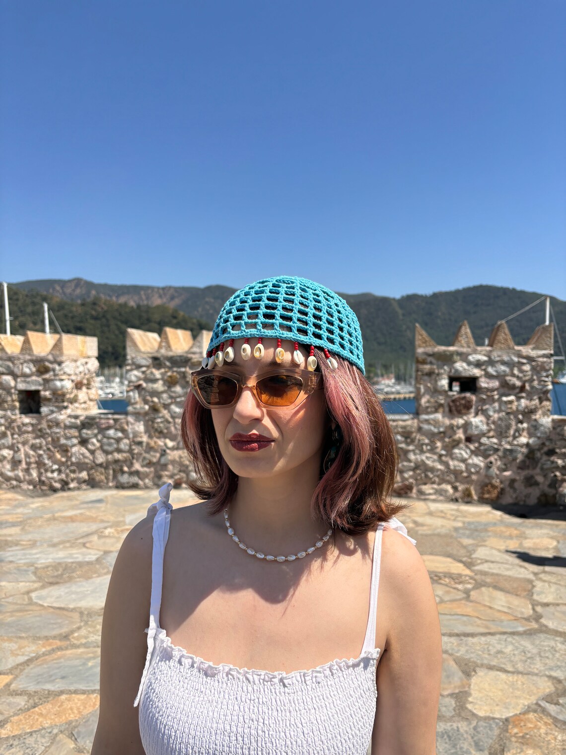 Crochet Skull Cap With Seashell, Blue Cotton Mesh Hat, Netted Mesh Lace ...
