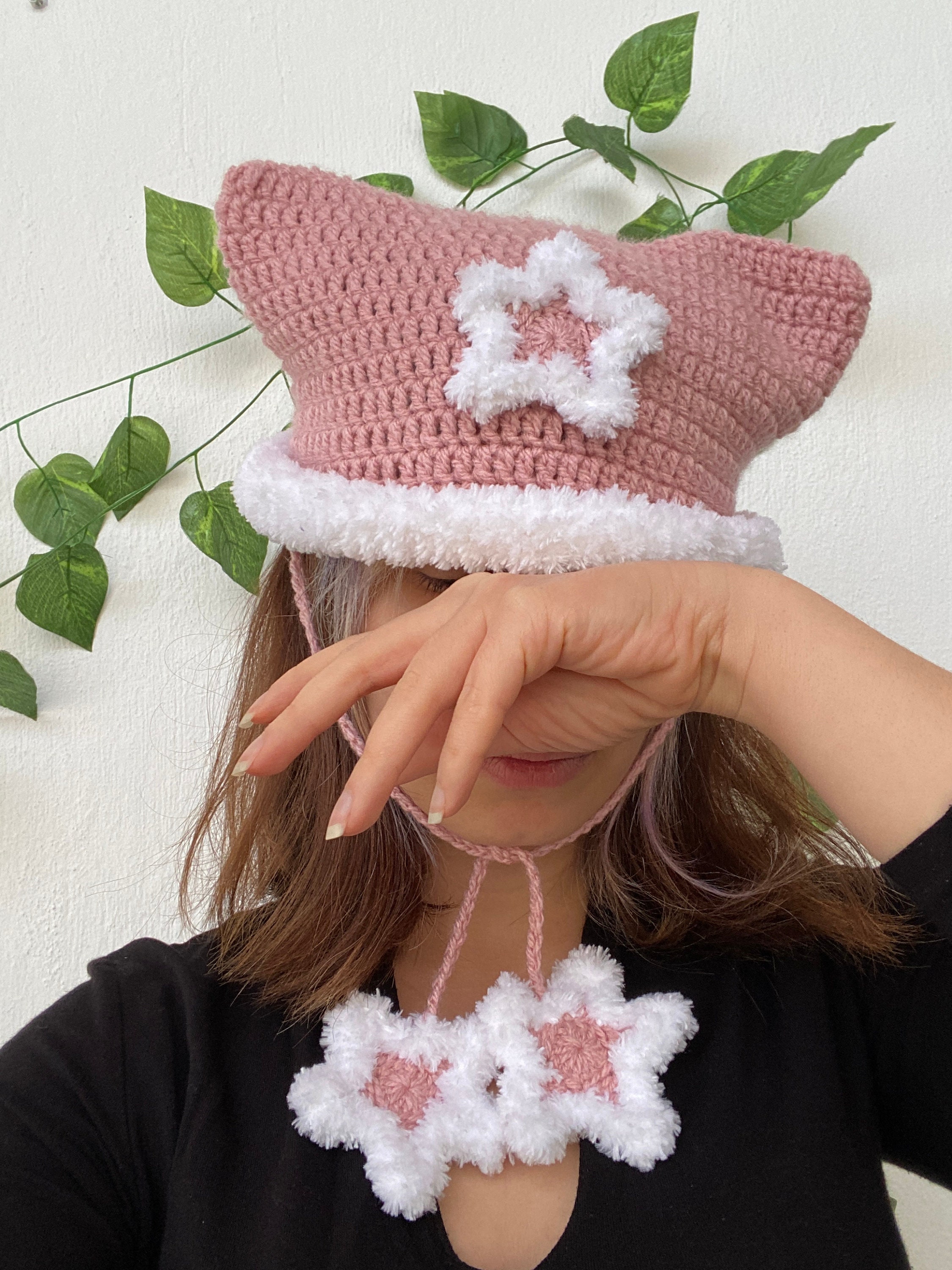 Star Hat With Ears, Black Beanie With String, Star Cat Beanie, Color ...