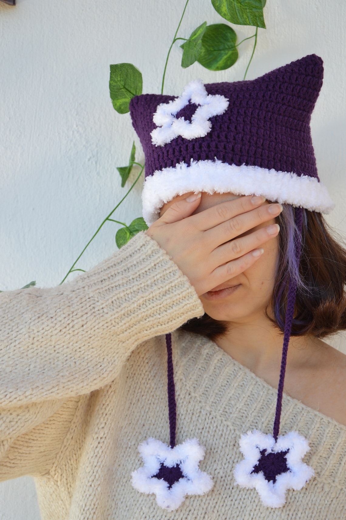 Star Hat With Ears, Black Beanie With String, Star Cat Beanie, Color ...