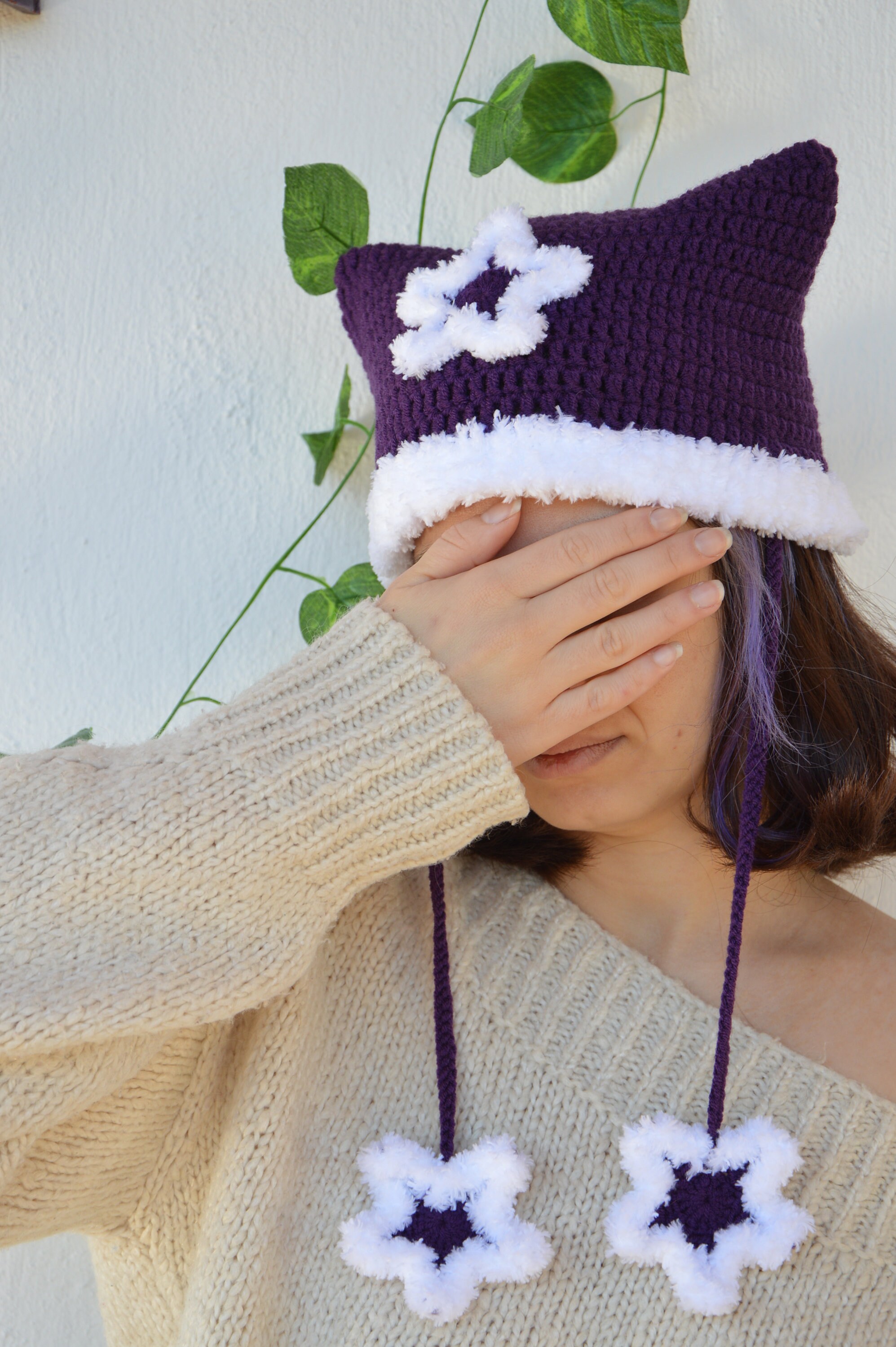 Star Hat With Ears, Black Beanie With String, Star Cat Beanie, Color ...