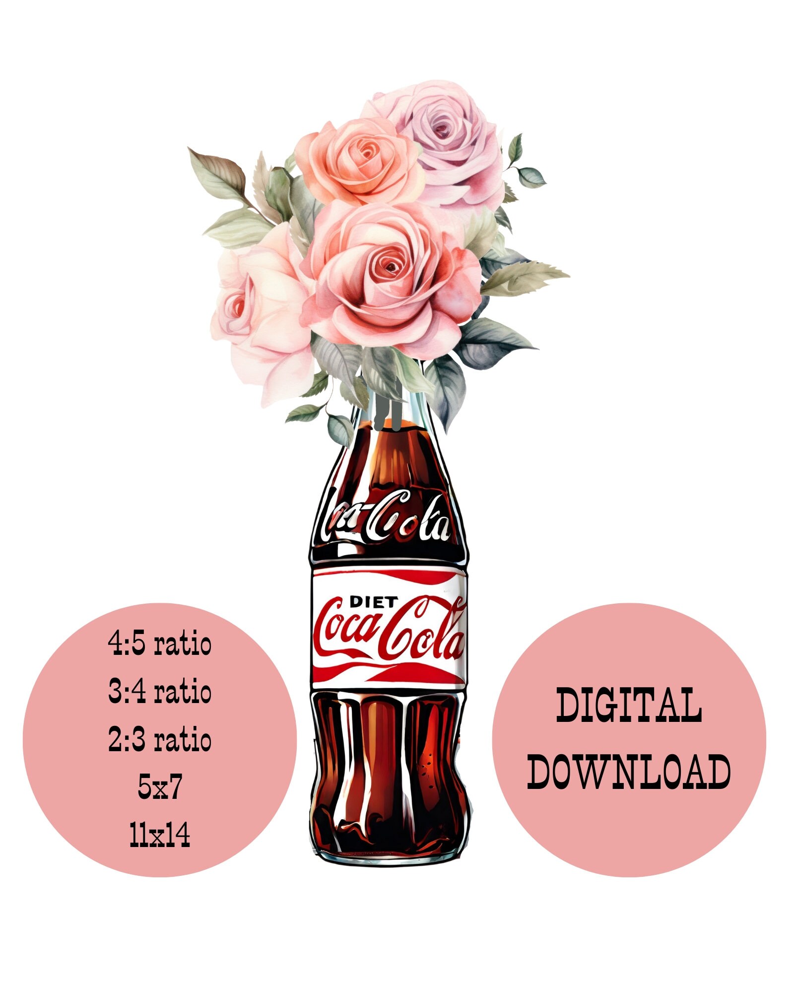 Vintage Diet Coke Rose Bouquet Art, Instant Digital Download, Trendy ...