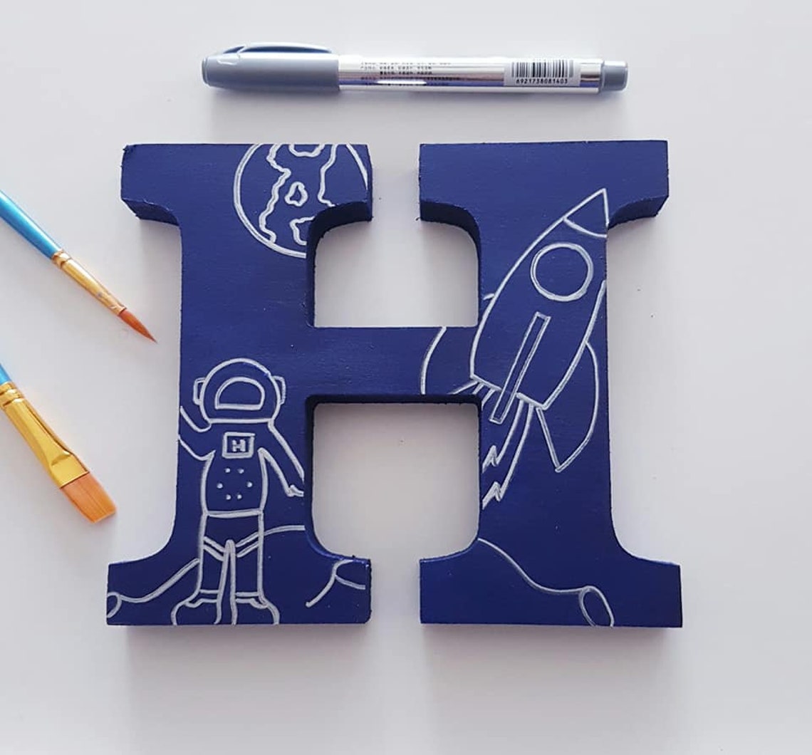 Space theme hand drawn freestanding initial letter with | Etsy