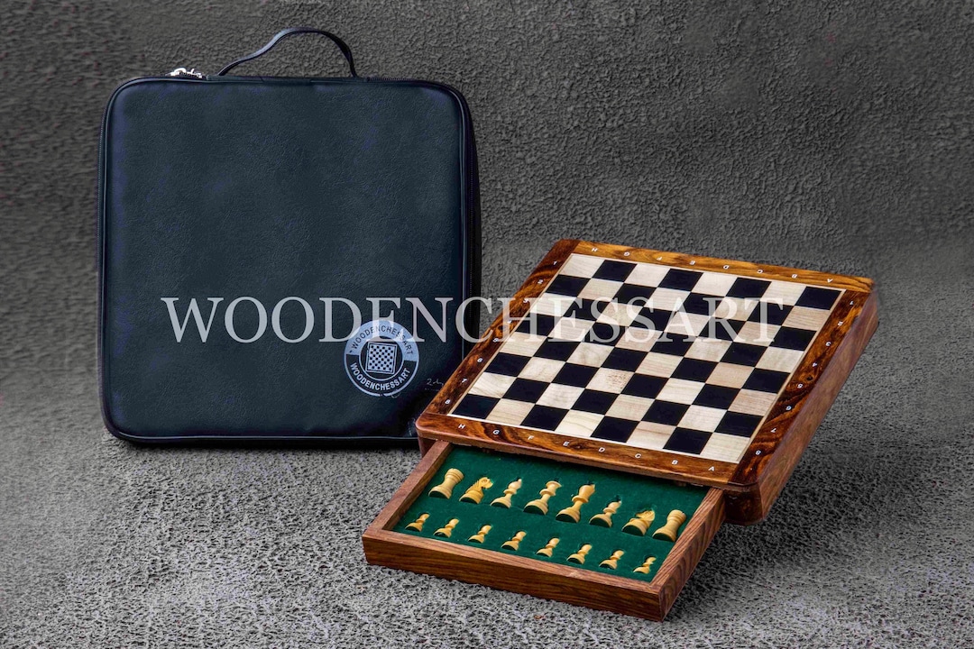 12” Luxury Drawer Chess Set in Ebony and Golden Rosewood With Leather ...