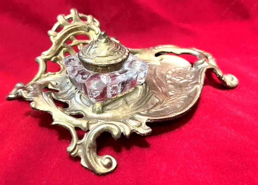 Brass and Crystal Ink Well, Rococo Style, Desk Accessory, Library Study ...