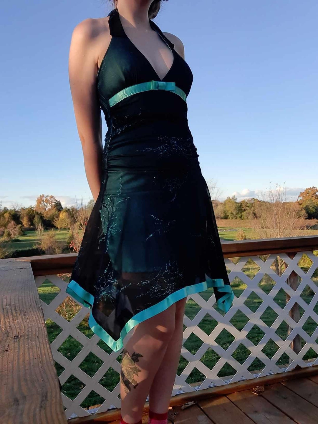 1990s Blue and Black Grunge Prom Homecoming Sparkly Floral Halter Dress ...