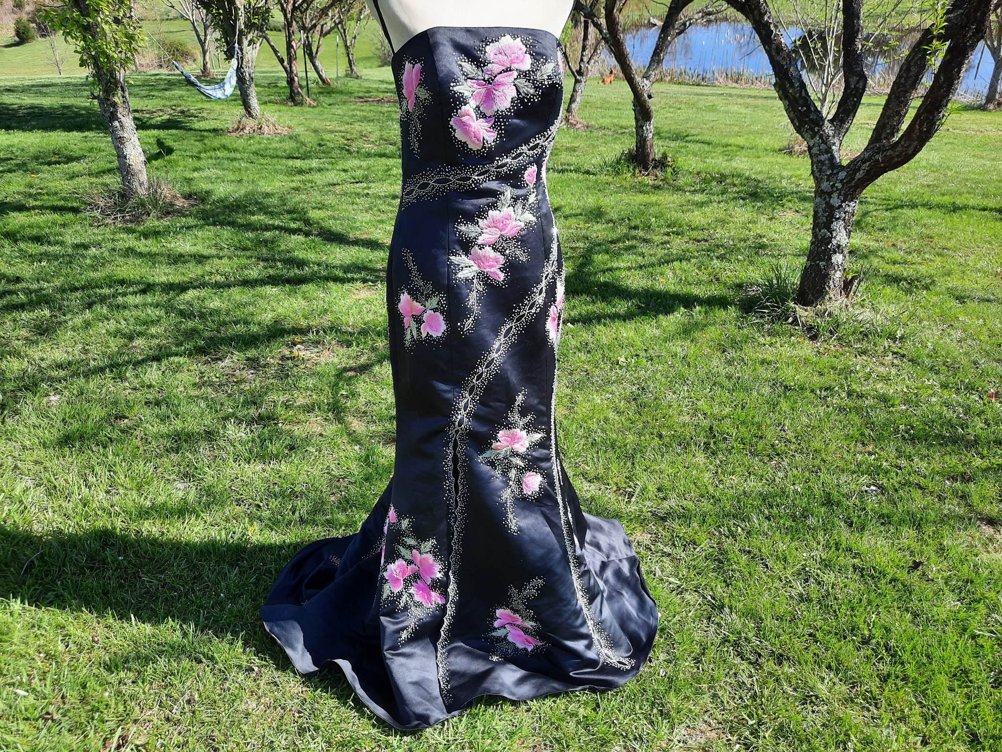 Y2K Tiffany Floral Pink and Black Prom Dress, Pageant Dress - Etsy