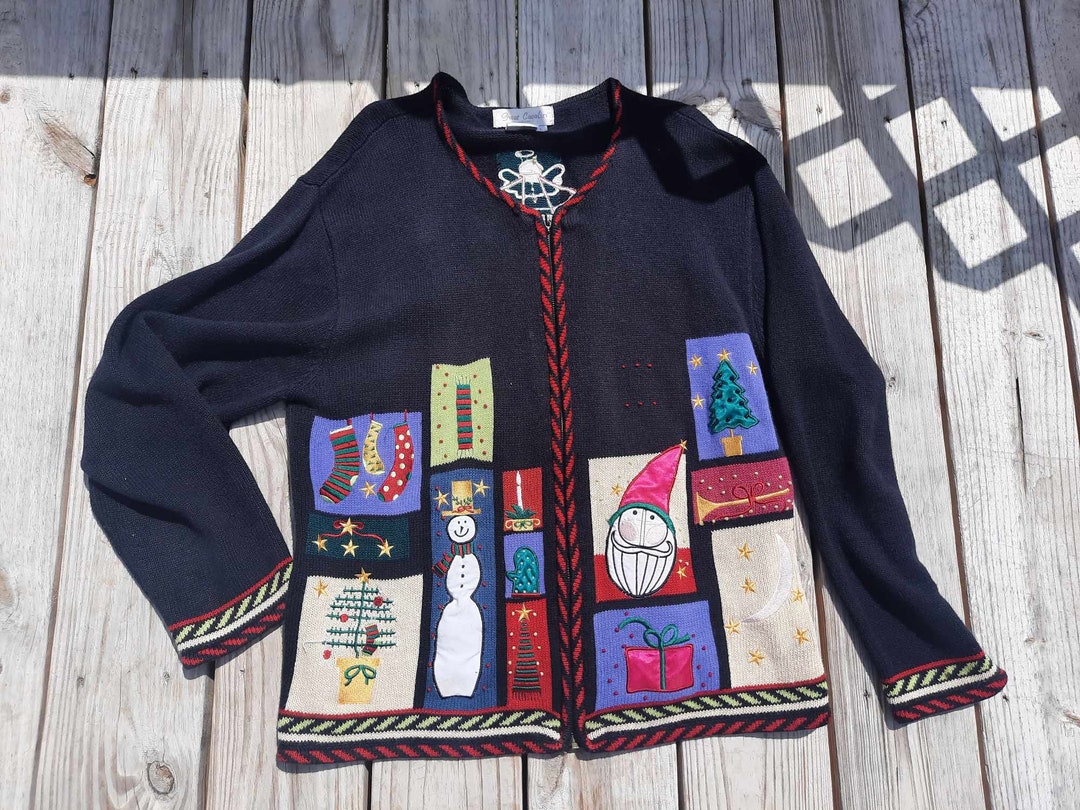 Early 2000s Christmas Cardigan Santa, Snowman, Presents, Christmas Tree ...