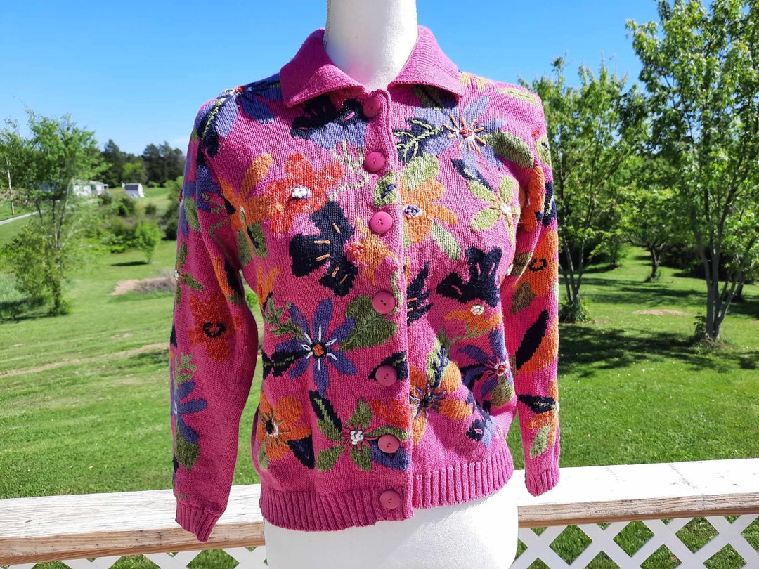 1990s Pink Vibrant Colorful Floral Cardigan Spring Easter Orange Purple ...