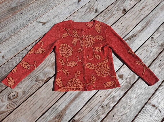1990s orange and yellow floral fall cardigan - Gem