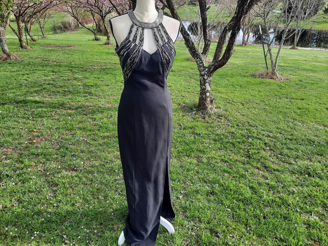 1990s-y2k Black/silver Beaded Formal Pageant Prom Homecoming Maxi Dress ...