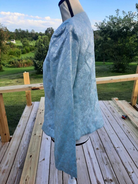 1980s shiny pastel blue blouse floral formal - Gem