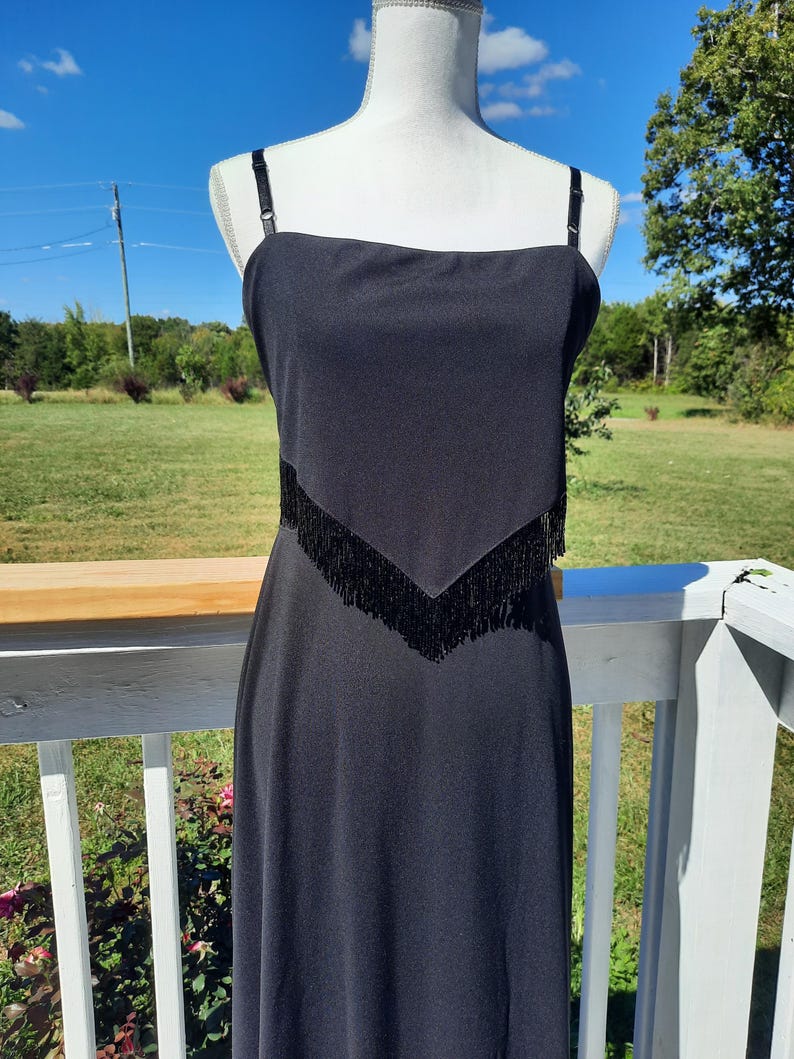 Vintage Patra 1990s/y2k Black Beaded Fringe Sheer Paneled Maxi Formal ...