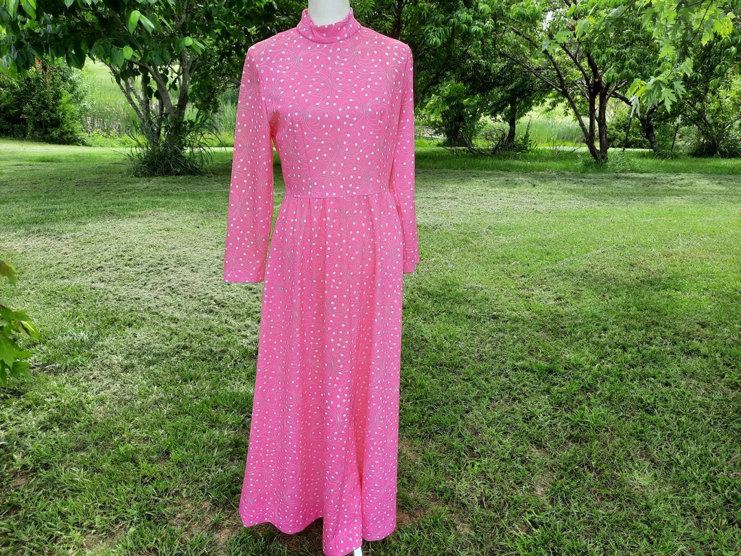 1970s Pink and White Abstract Polka Dot Swirly Funky Maxi Dress - Etsy