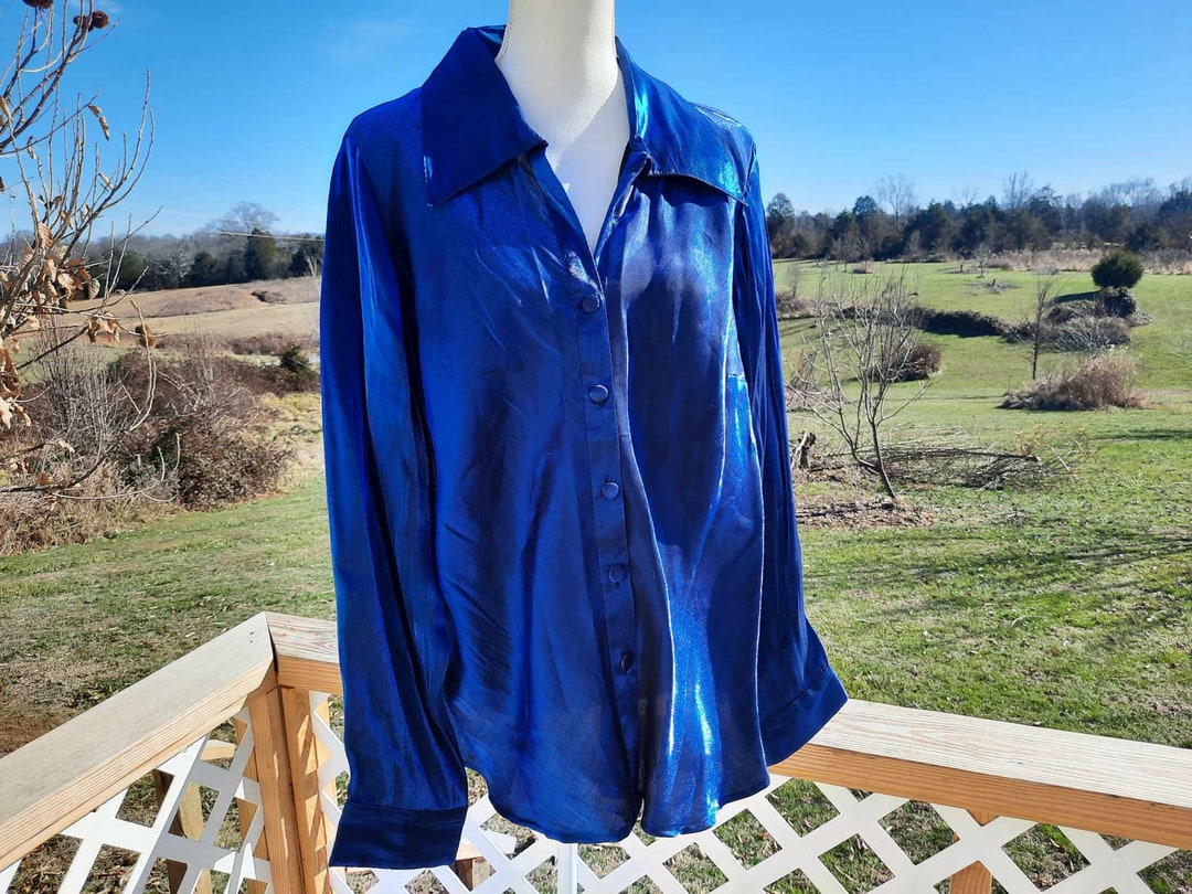 1990s Vintage Shiny Blue Button up Blouse - Etsy