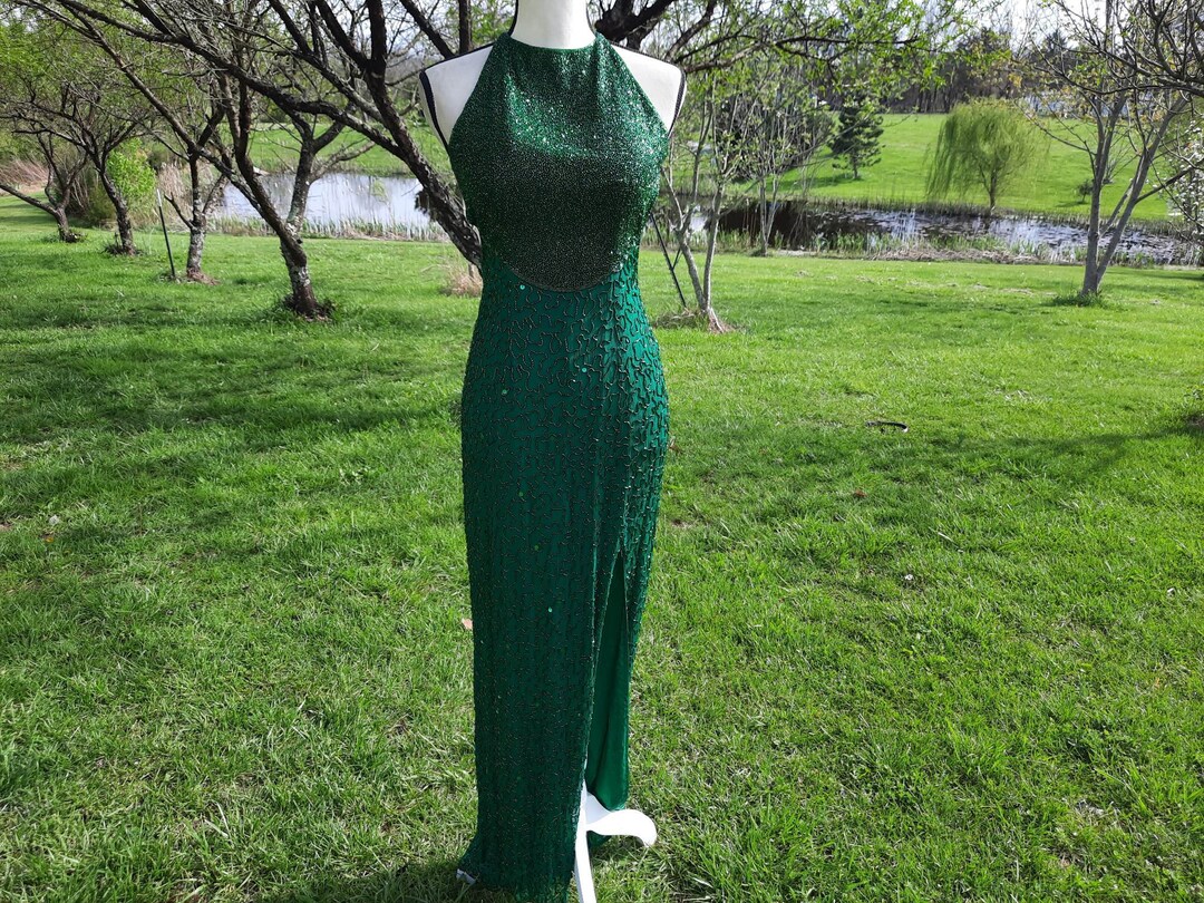Green Beaded Sexy Form Fitting Vintage 1990s Prom Dress, Homecoming ...