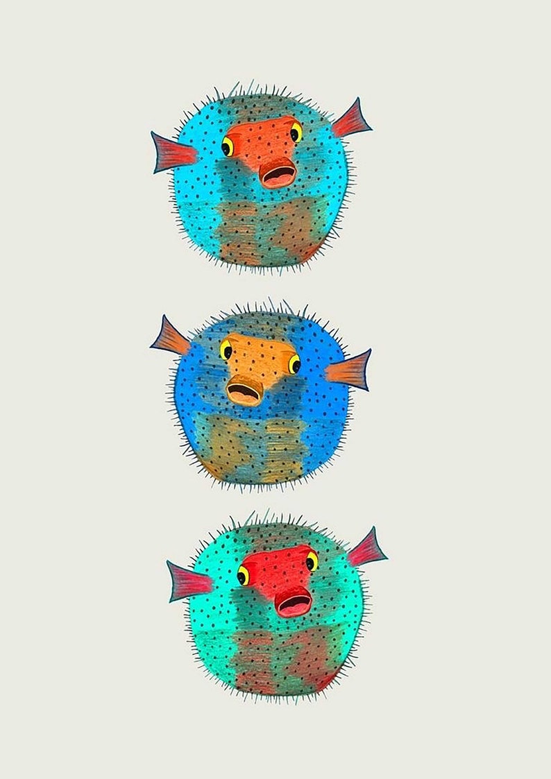 Three Pufferfish . Kids Art - Marine Life - Sea Life Art - Ocean Print ...