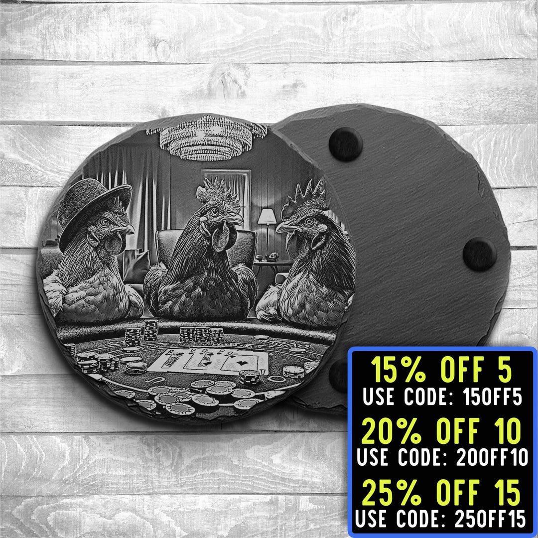 Glowforge Laser Ready 2 Files Chickens Playing Poker Round Coaster or ...