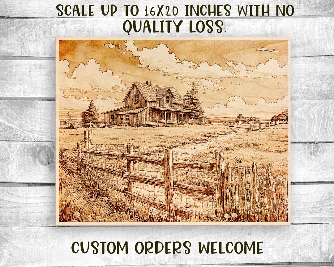 Glowforge Laser Ready 3 Files Farm House With Fence Scale up to 16x20 ...