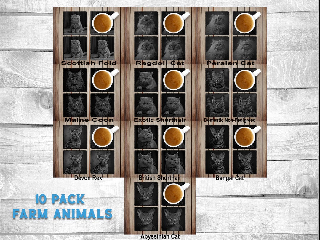 Glowforge Laser Ready Cat Breed Set of 10 Coaster Engraving- Digital ...