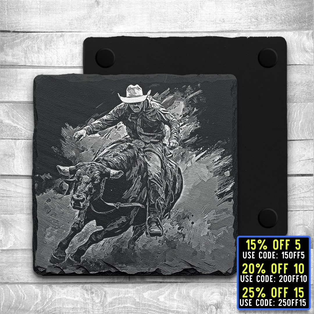 Laser Ready 3 Files Cowboy Riding Bull Coaster Engraving- Digital JPG ...