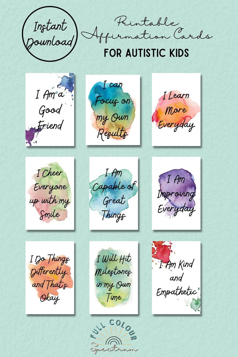 Printable Affirmation Cards for Autistic Kids, Instant Download ...