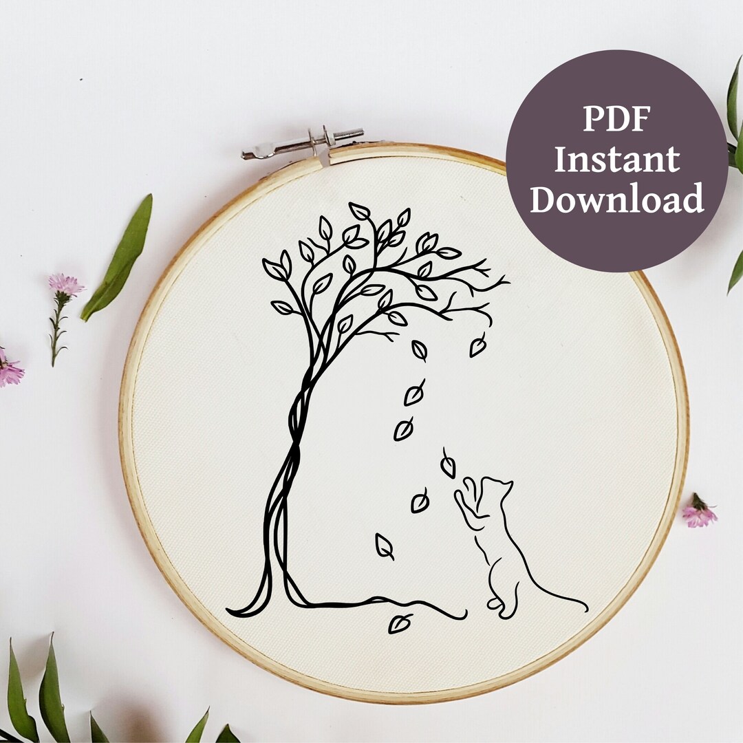Cat and Leaves Embroidery Pattern Cat Gifts for Cat Lover Embroidery ...