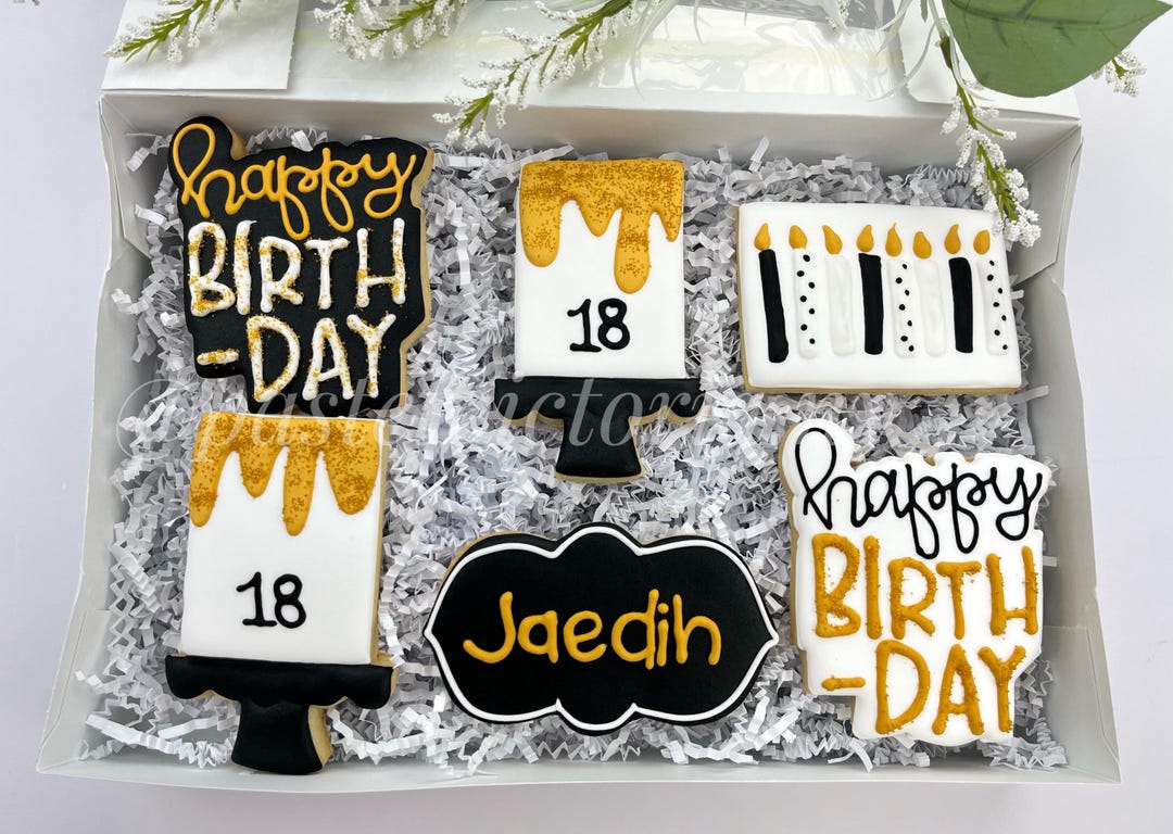 Black and Gold Birthday Cookies, 18th Birthday Gift, 30th Birthday Gift ...