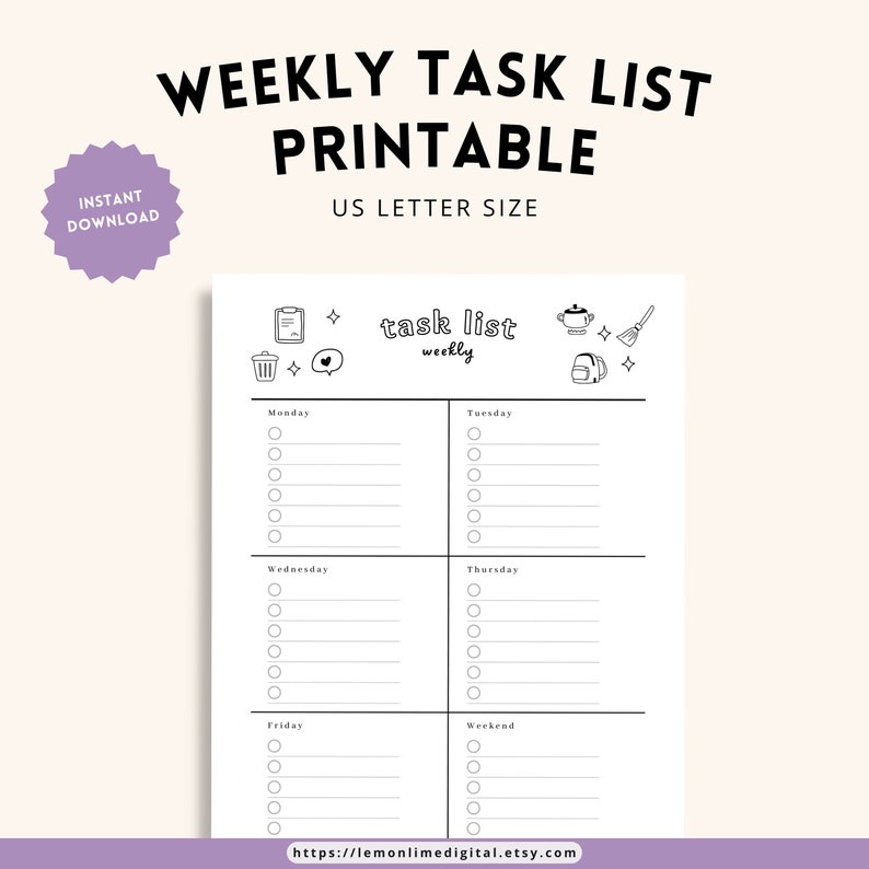 Weekly Task List Printable Five Day Week Combined Weekend - Etsy